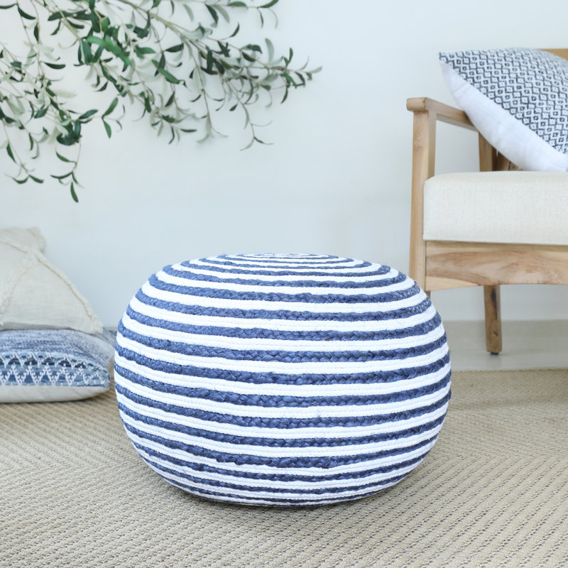 Ahlers Modern Coastal Striped Handmade Jute Round Ottoman Pouf Blue White